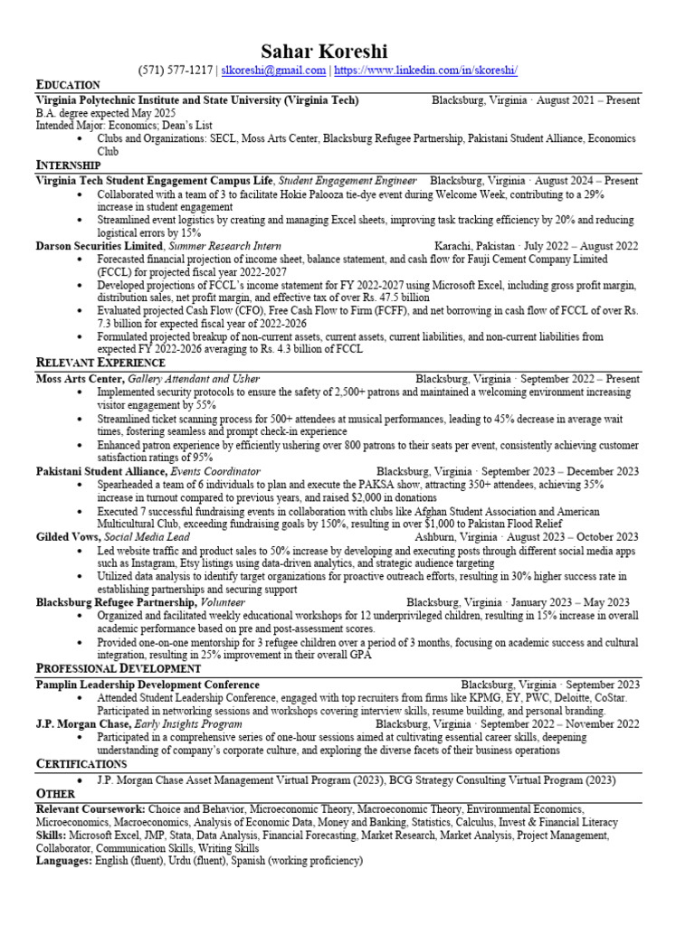 Sahar Koreshi 2024 Resume | PDF | Free Cash Flow | Economies