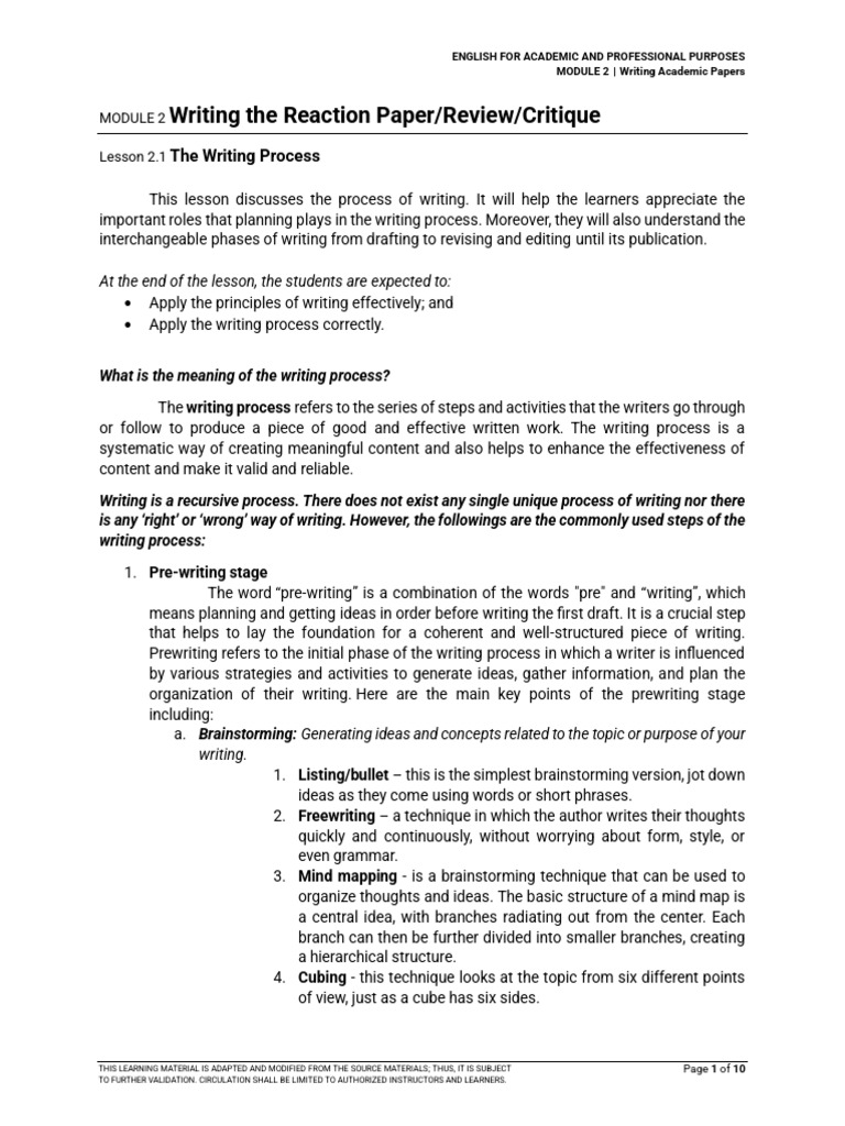 Module 2 - Writing The Reaction Paper, Review, Critique | PDF | Feminism | Gender Studies