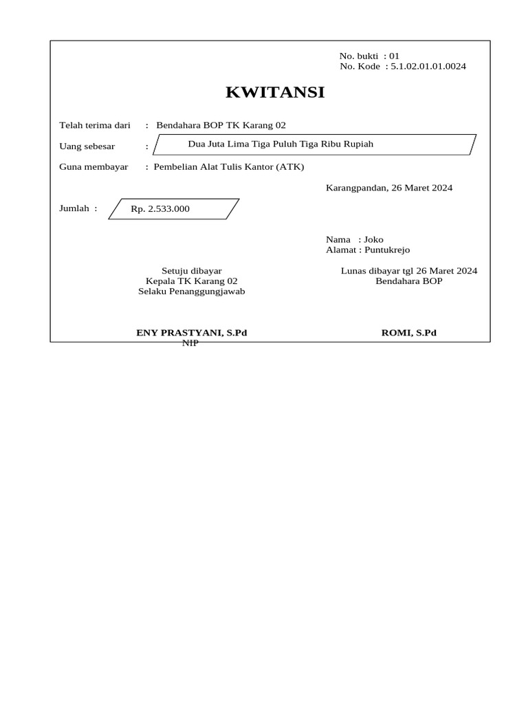 Kuitansi Bop 1 TK | PDF