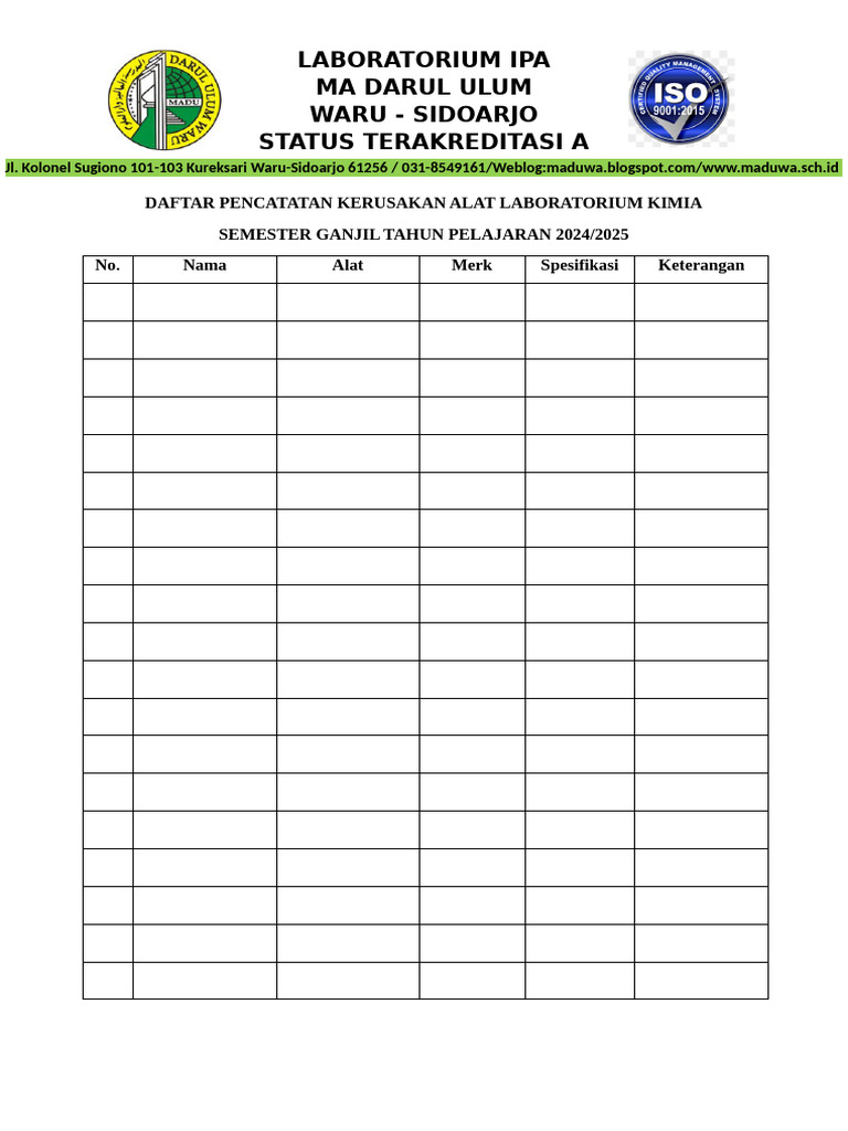 DAFTAR PENCATATAN KERUSAKAN ALAT LABORATORIUM KIMIA | PDF