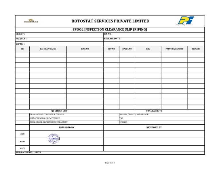 Piping Inspection Clearance Slip | PDF
