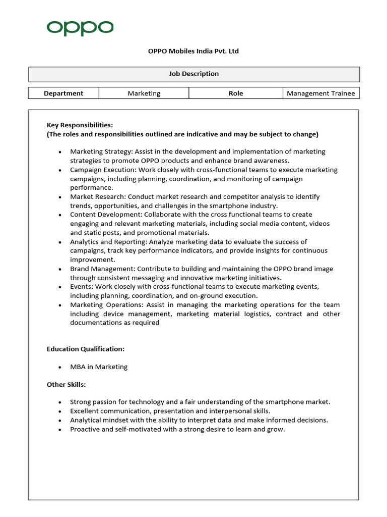 JD - Management Trainee (Marketing) | PDF