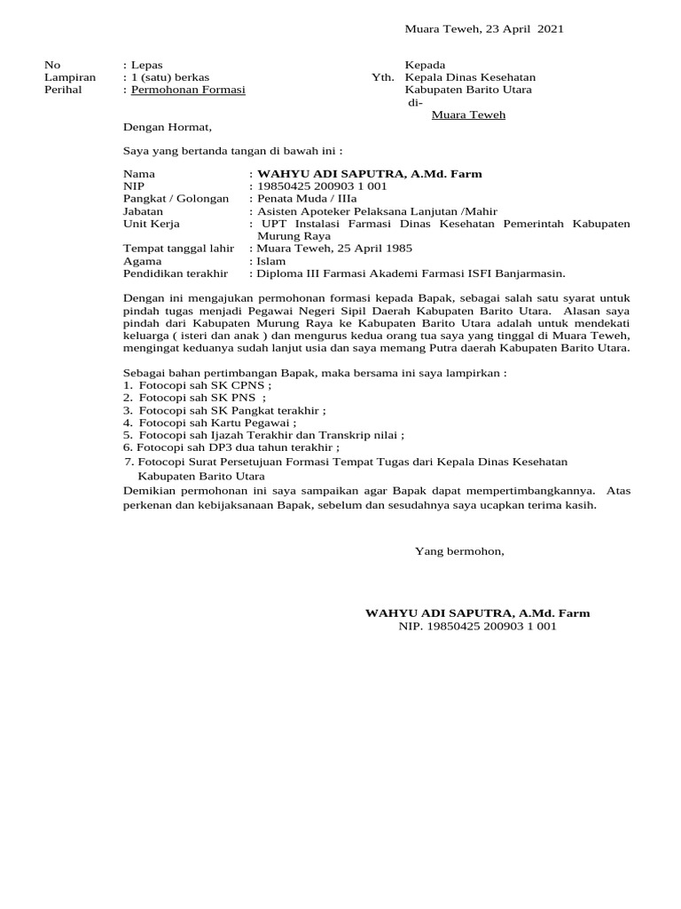 Permohonan Ke Bupati Up Kepala BKD Pindah Wahyu | PDF