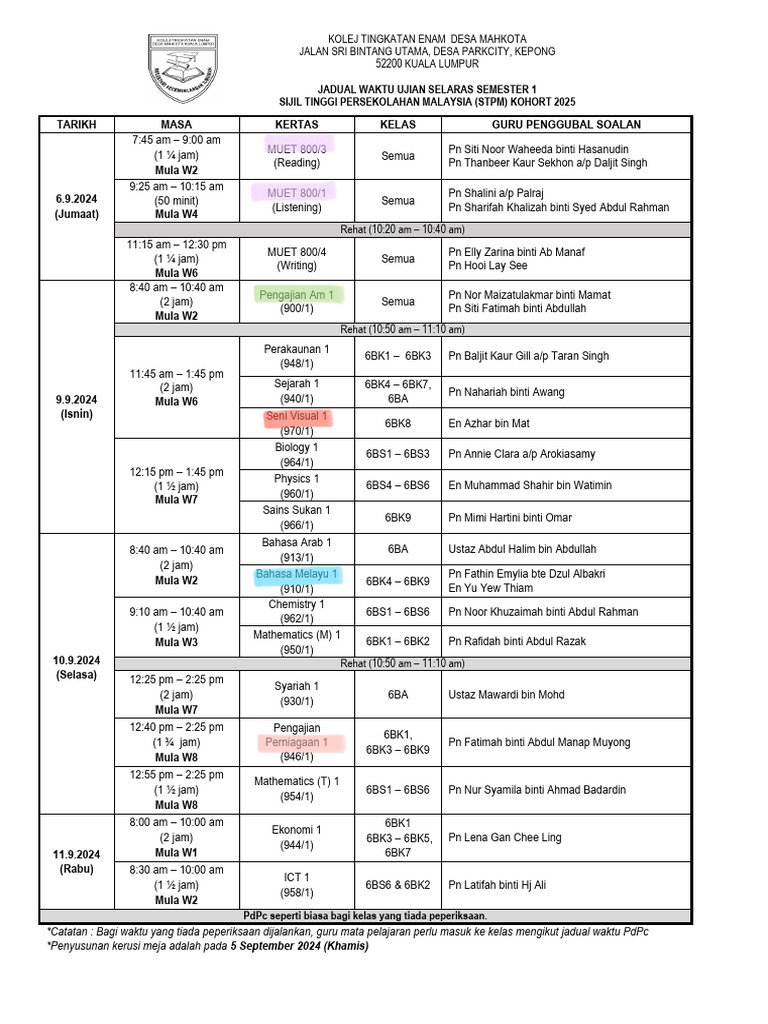 Jadual Waktu Ujian Selaras Semester 1 STPM 2025 | PDF