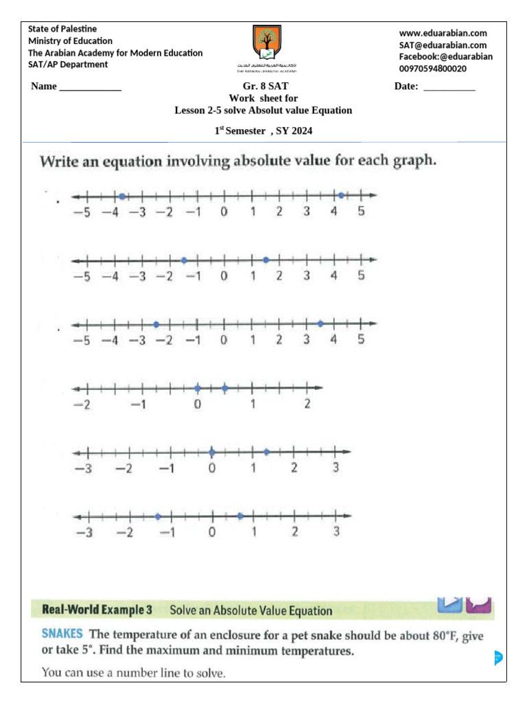 Worksheet 2-5 Solve Equtions Invole Absolut Value | PDF