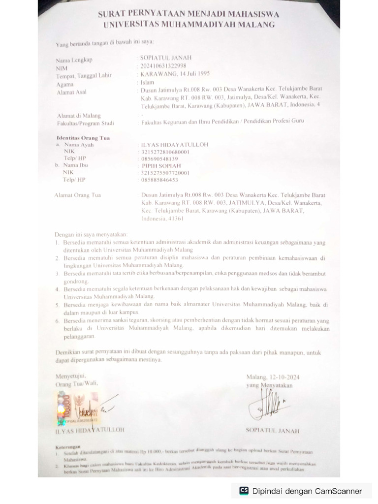 Surat Pernyataan Menjadi Mahasiswa | PDF
