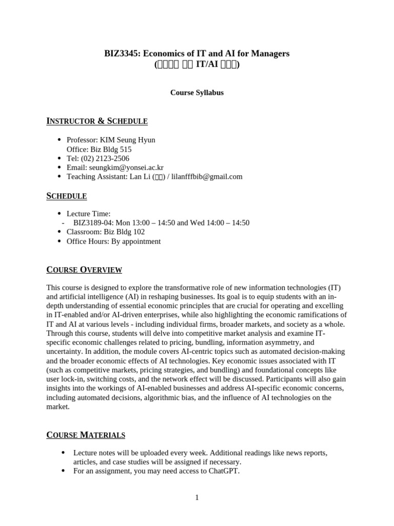 Course Syllabus - Econ - IT - AI - AY2024 - Fall | PDF | Artificial ...
