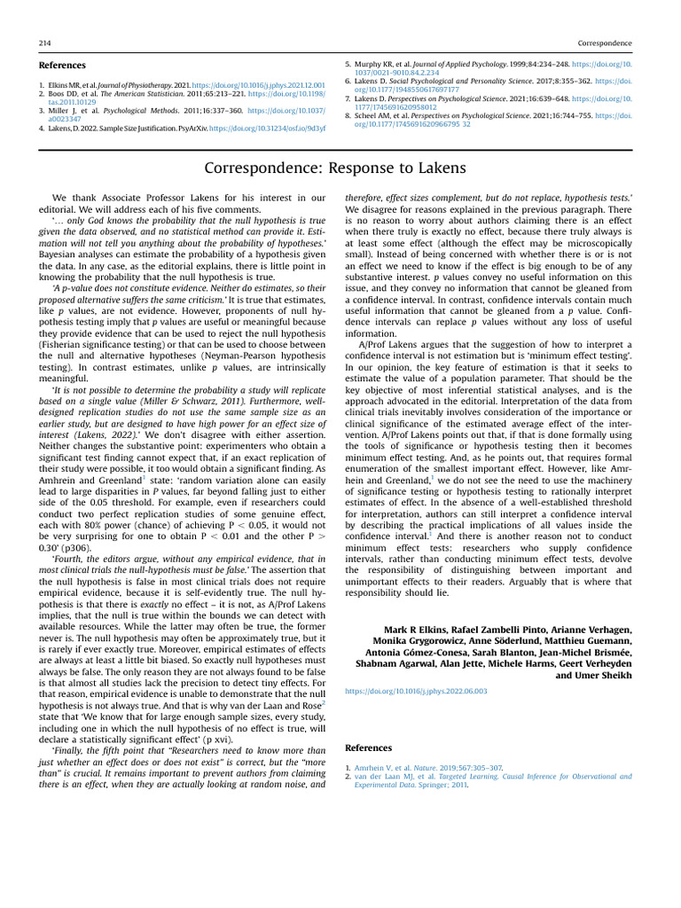 Correspondence Response To Lakens 2022 Journal of Physiotherapy | PDF | P Value | Null Hypothesis