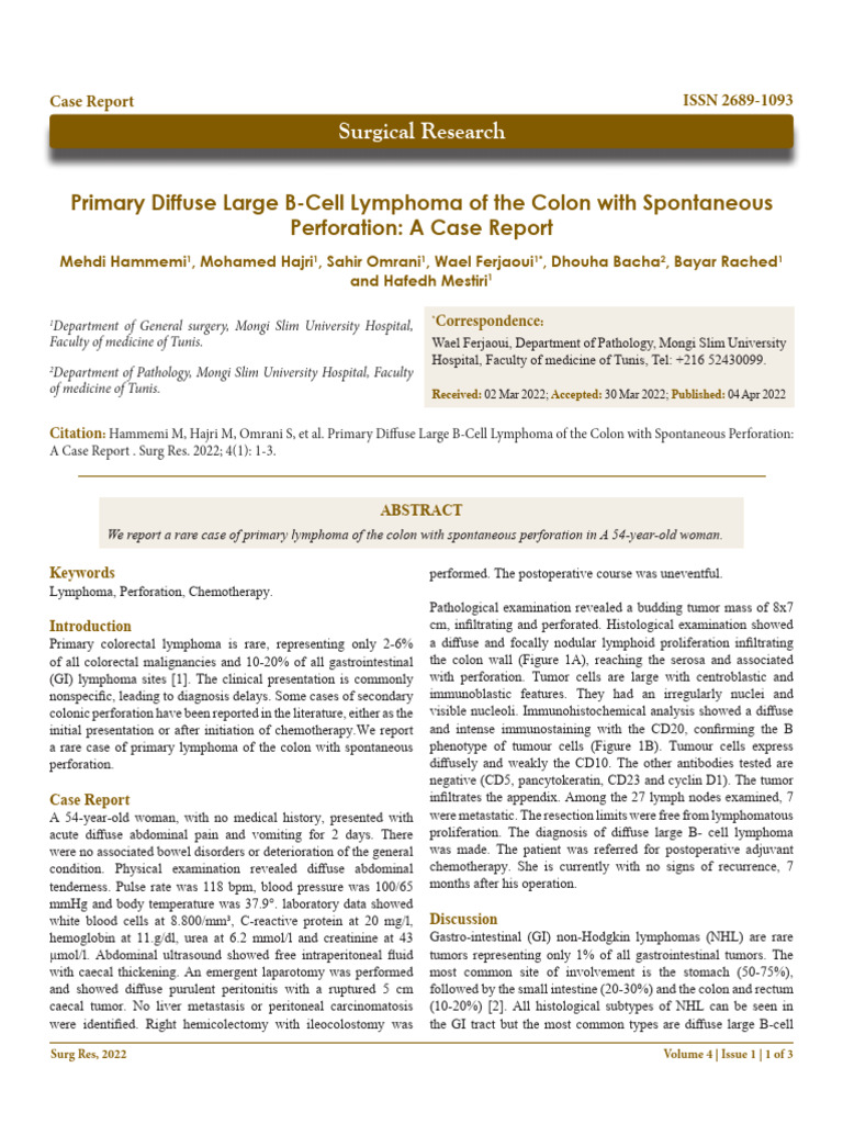 Primary Diffuse Large B-Cell Lymphoma of The Colon With Spontaneous Perforation: A Case Report ...