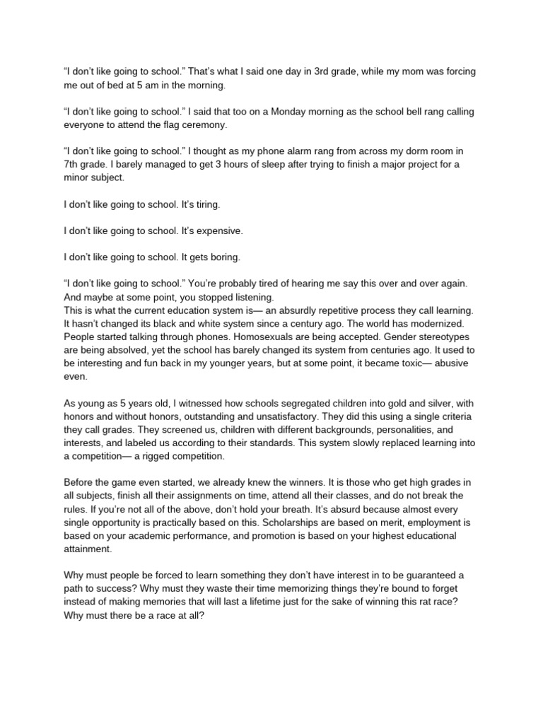 I Don't Like Going To School Speech | PDF