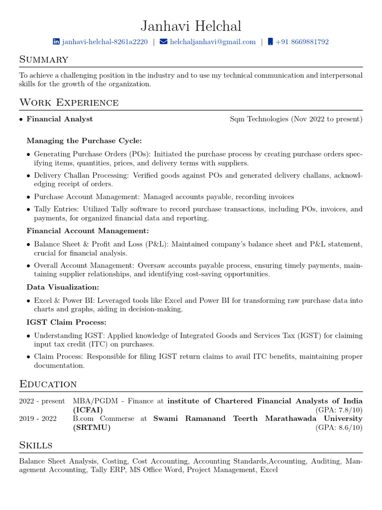 Janhavi Ghosh: Financial Analyst Profile | PDF