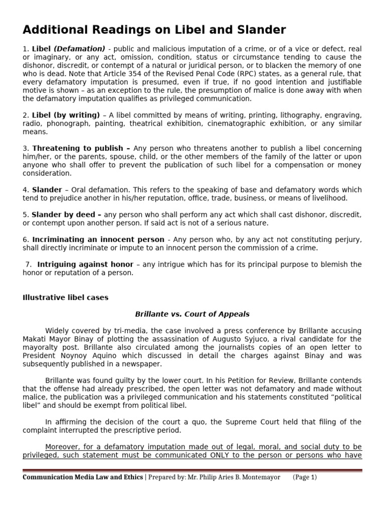 4 Additional Readinngs On Libel and Slander | PDF | Defamation | Justice