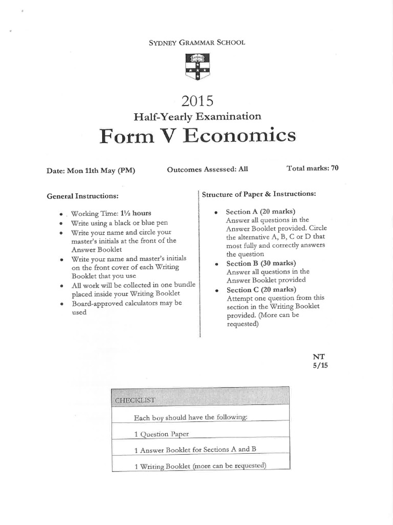 Sydney Grammar 2015 Economics Prelim HY & Solutions | PDF