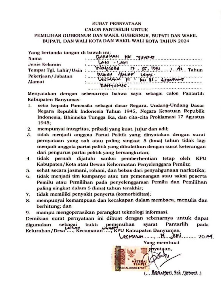 Surat Pernyataan Barokah Dwi Yuwono - TPS 02 | PDF