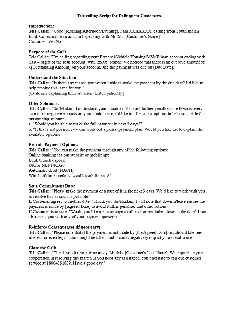 Tele Calling Script For Delinquent Customers | PDF