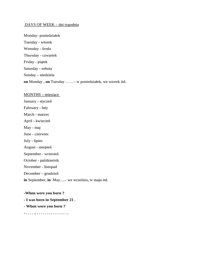 Days of Week, Months | PDF