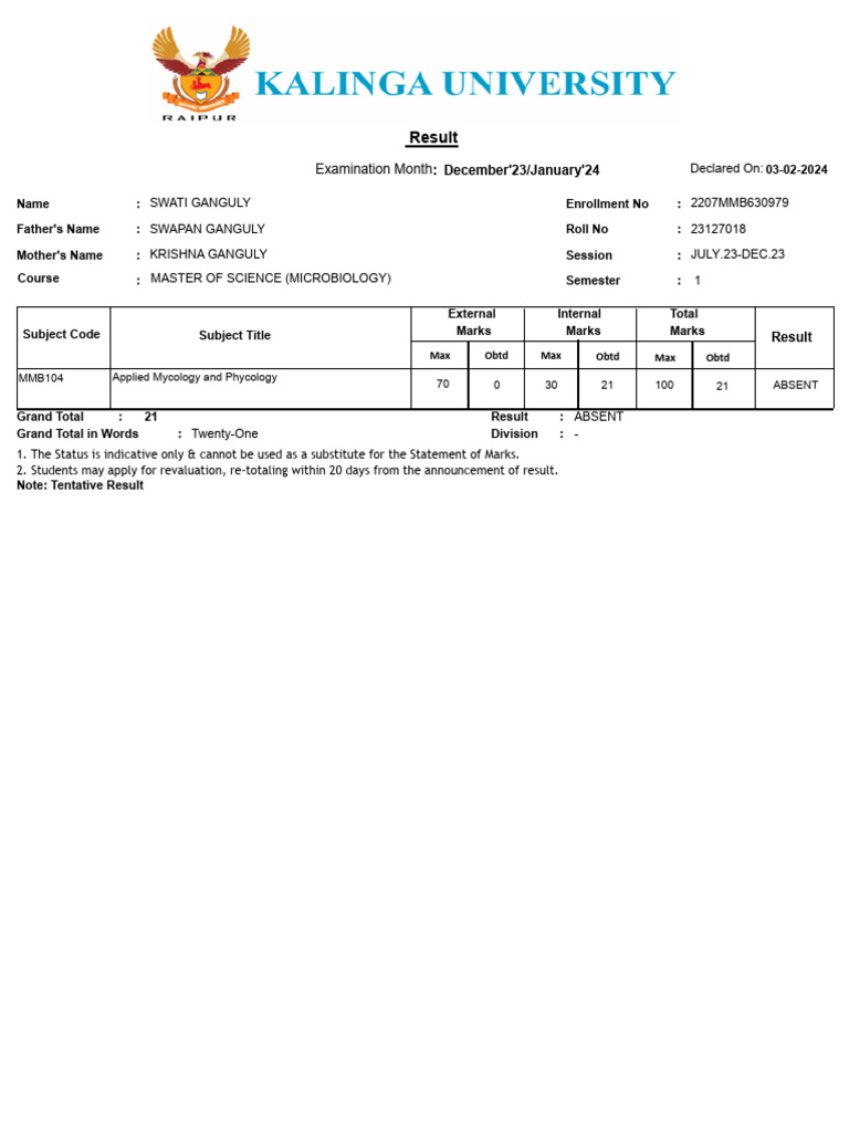 Microbiology Semester 1 Result Summary | PDF