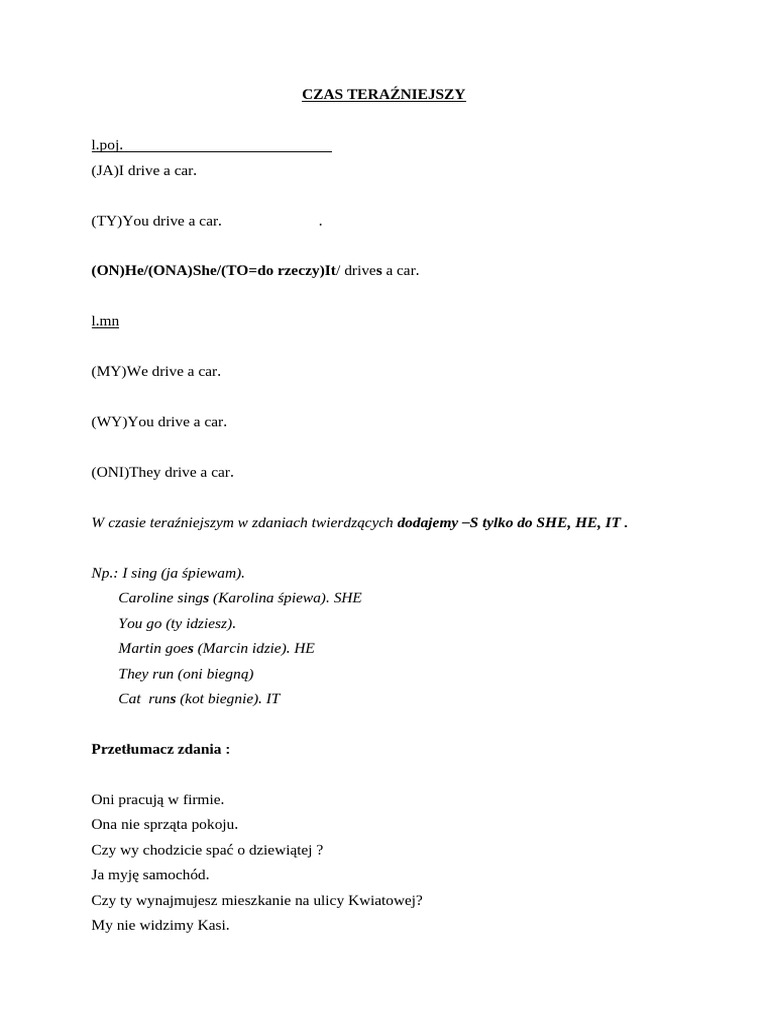 CZAS TERAŹNIEJSZY Teoria, Odmiana Czasownika | PDF