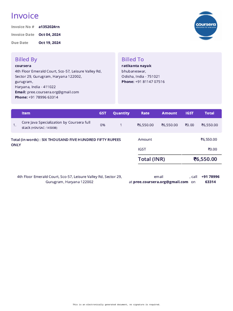 Invoice A1352024rn Coursera Ratikanta Nayak | PDF