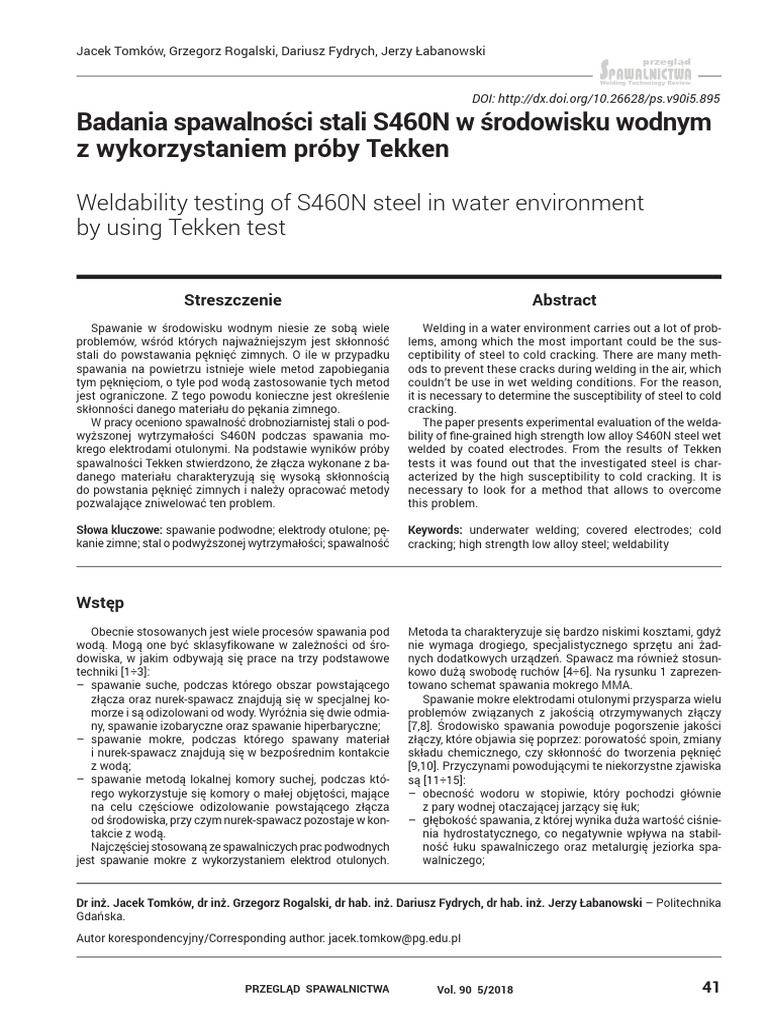 Badania Spawalności Stali S460N W Środowisku Wodnym Z Wykorzystaniem ...