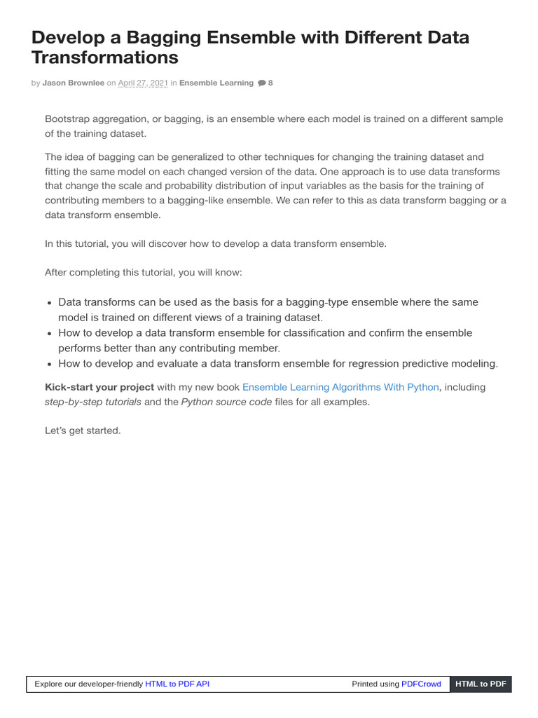Machinelearningmastery Com Bagging Ensemble With Different D | PDF ...
