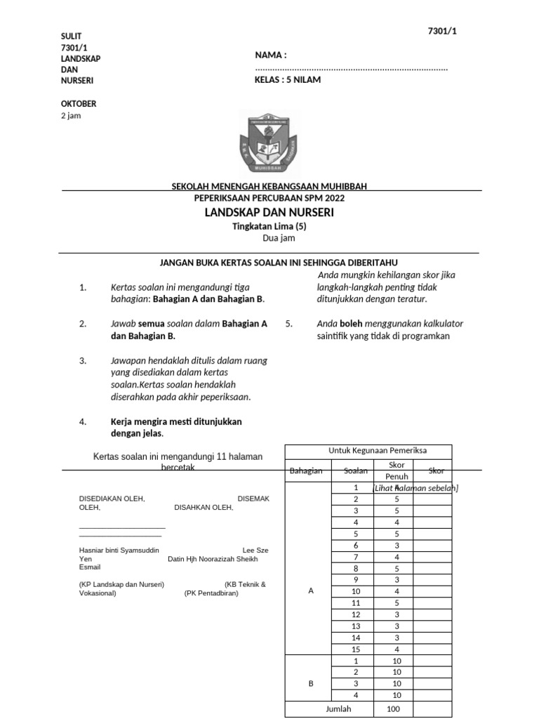 Peperiksaan Percubaan SPM - SMKM - 2022 | PDF