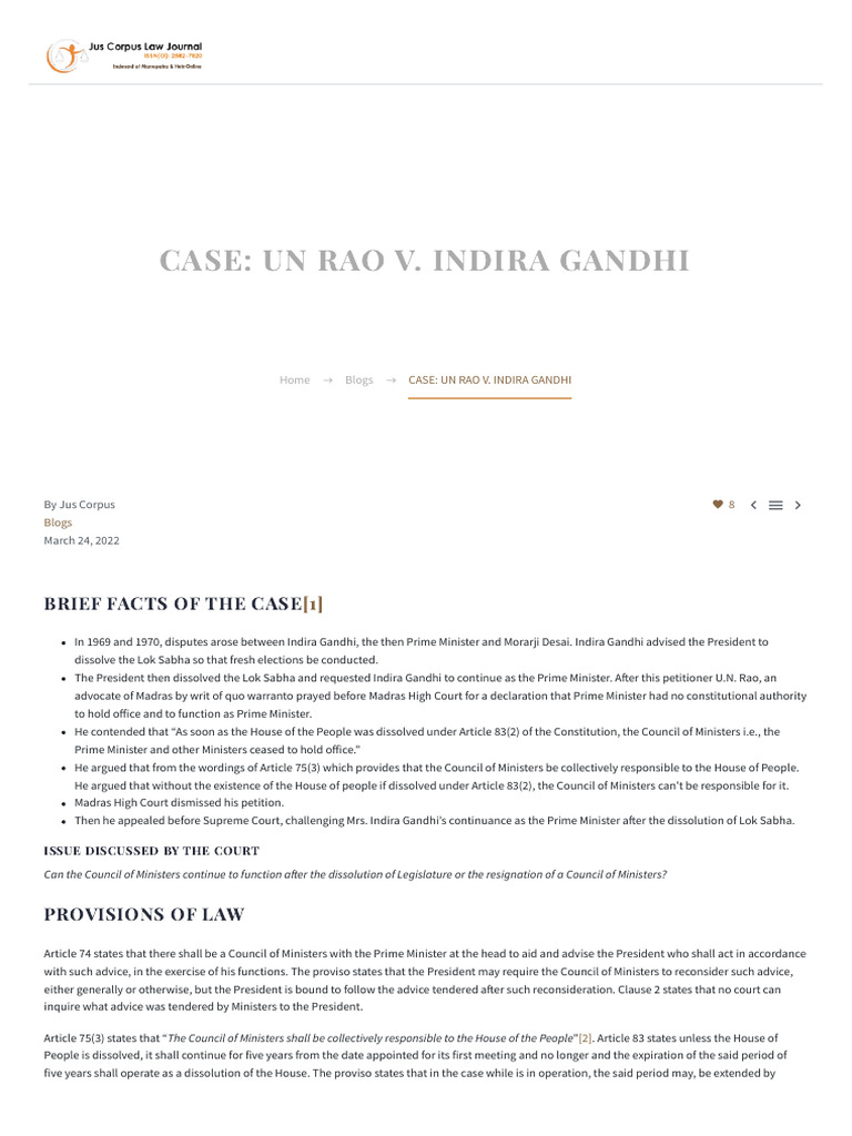 CASE - UN RAO V. INDIRA GANDHI - Jus Corpus | PDF | Presidents Of The ...
