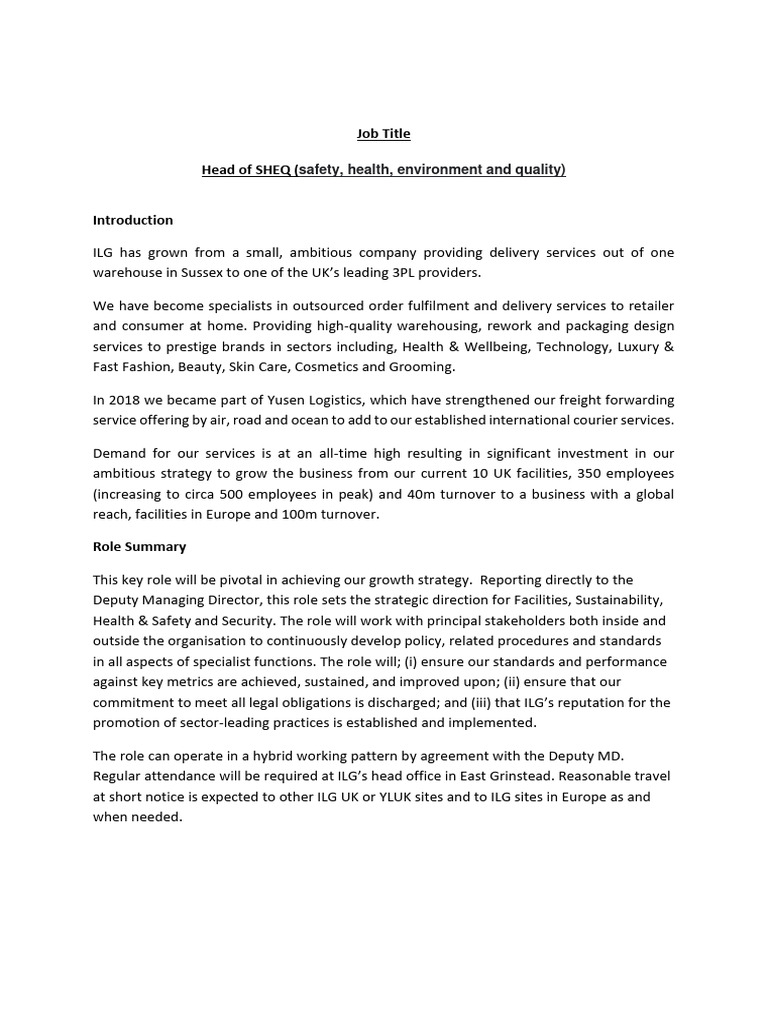 Head of SHEQ Job Description | PDF | Occupational Safety And Health | Safety