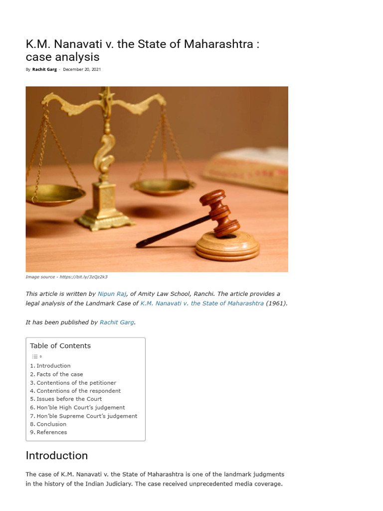 K.M. Nanavati v. The State of Maharashtra - Case Analysis - Ipleaders | PDF | Public Sphere ...