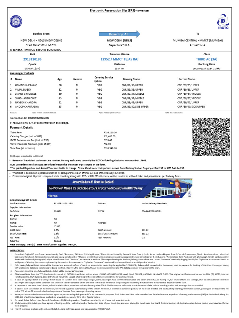 2 July 2024 New Delhi To Mumbai | PDF | Identity Document | Value Added Tax