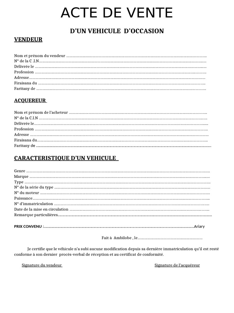 Acte de Vente D'un Vehicule | PDF