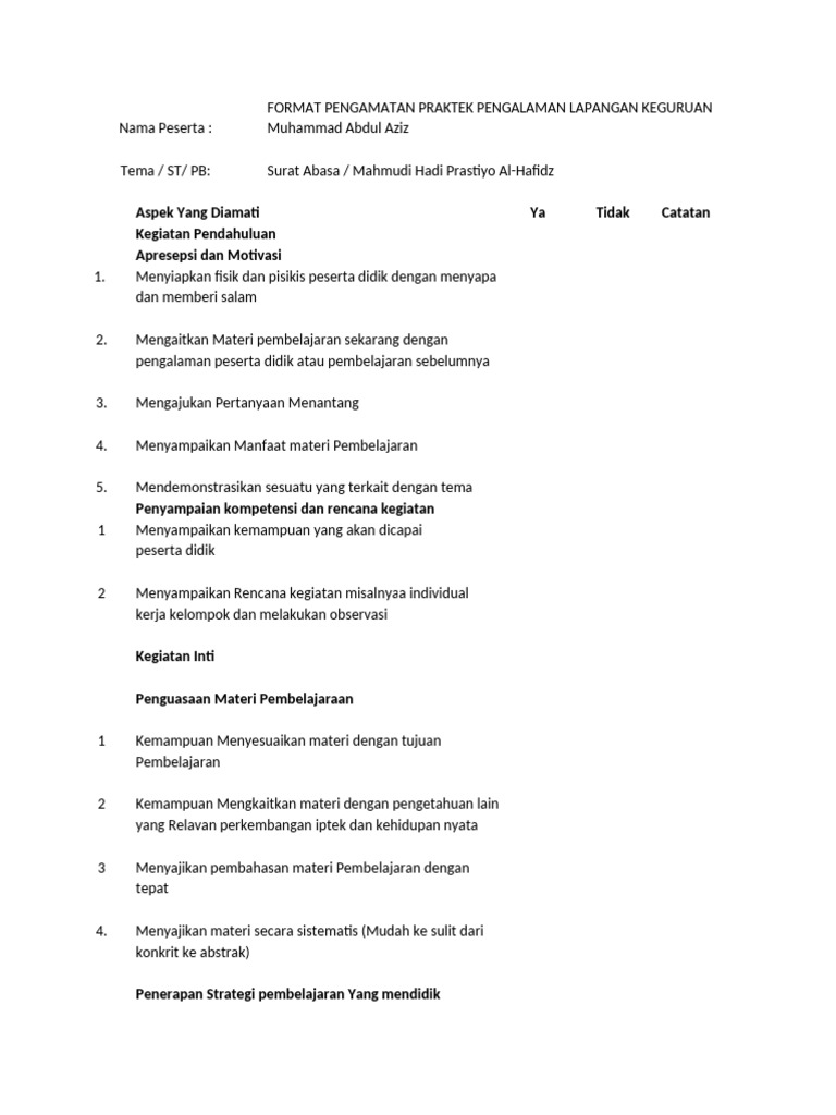 Format Pengamatan Pembelajaran Keguruan | PDF