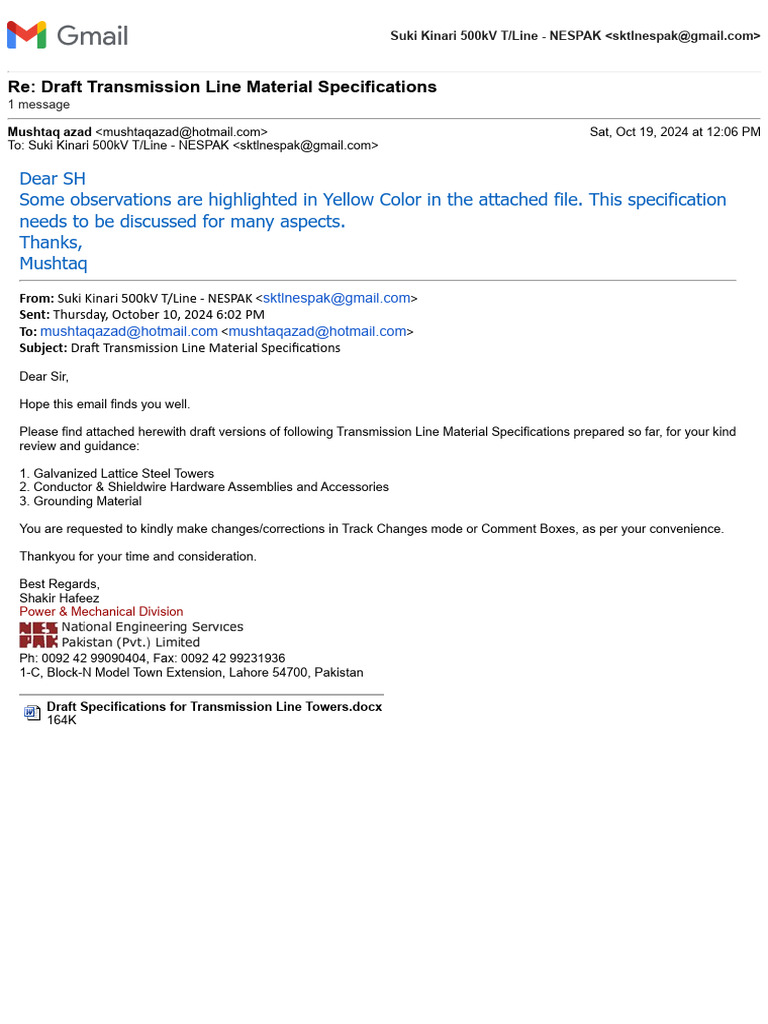 Gmail - Re - Draft Transmission Line Material Specifications | PDF