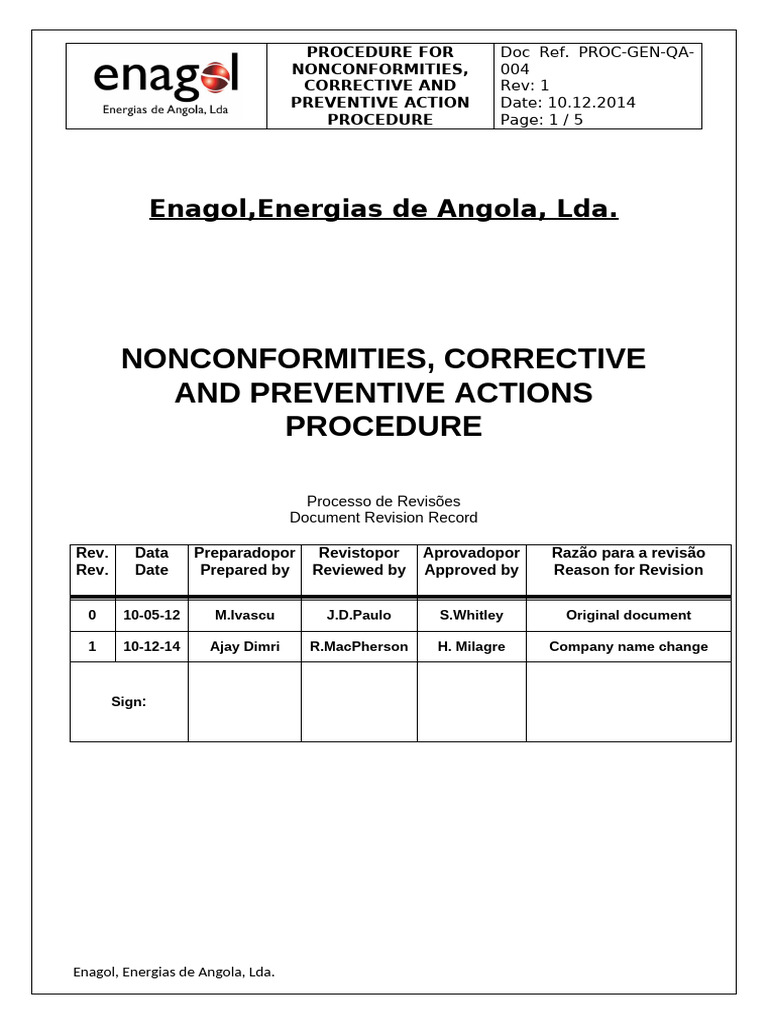 PROC-GEN-QA-004 Nonconformities, Corrective and Prenventive Actions ...