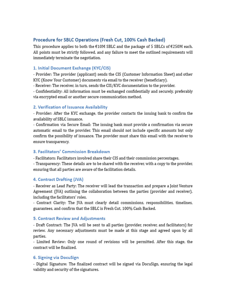 SBLC Operations Procedure Guide | PDF | Letter Of Credit | Business