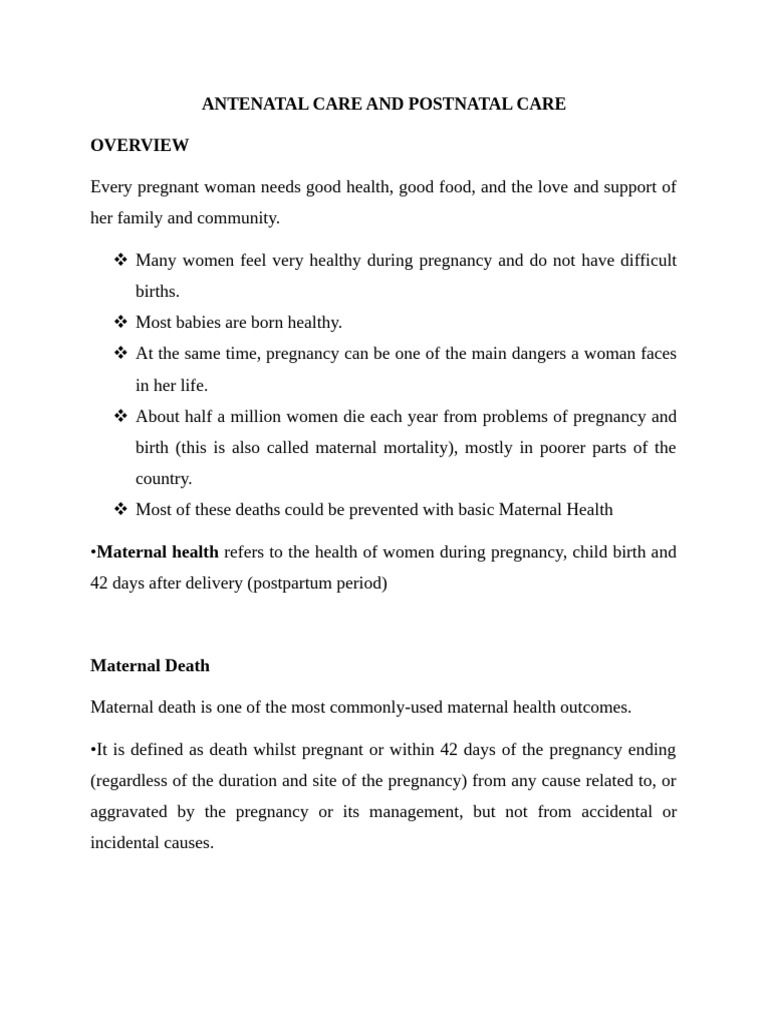 Antenatal Care and Postnatal Care | PDF | Maternal Death | Postpartum ...
