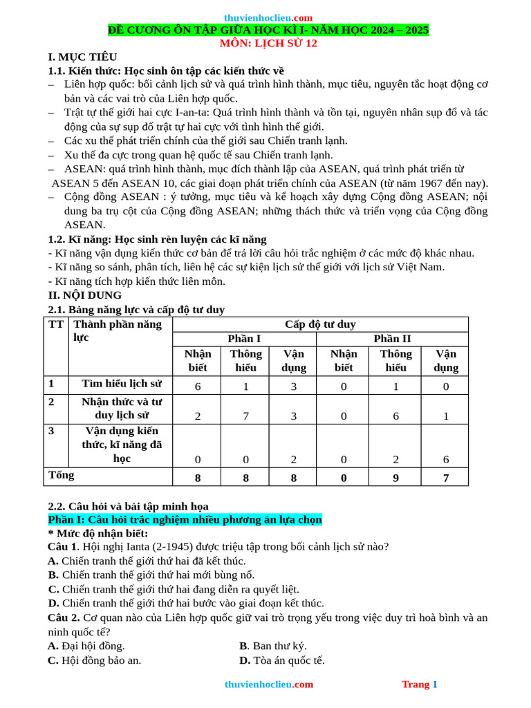 De Cuong On Tap Giua HK1 Lich Su 12 Canh Dieu Nam Hoc 24 25 | PDF