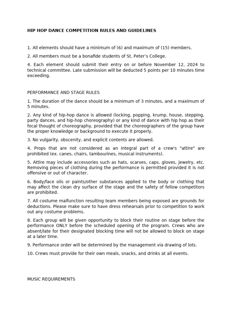 Hip Hop Dance Competition Rules and Guidelines | PDF | Dances | Clothing