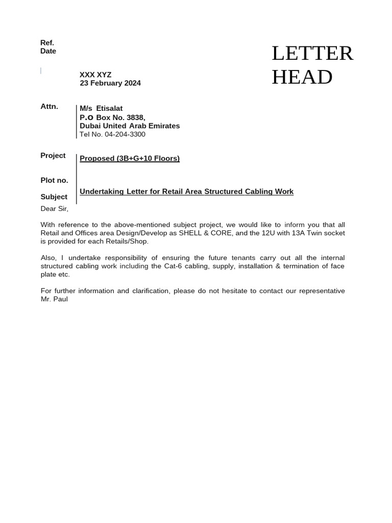 Retail Area Cabling Undertaking Letter | PDF