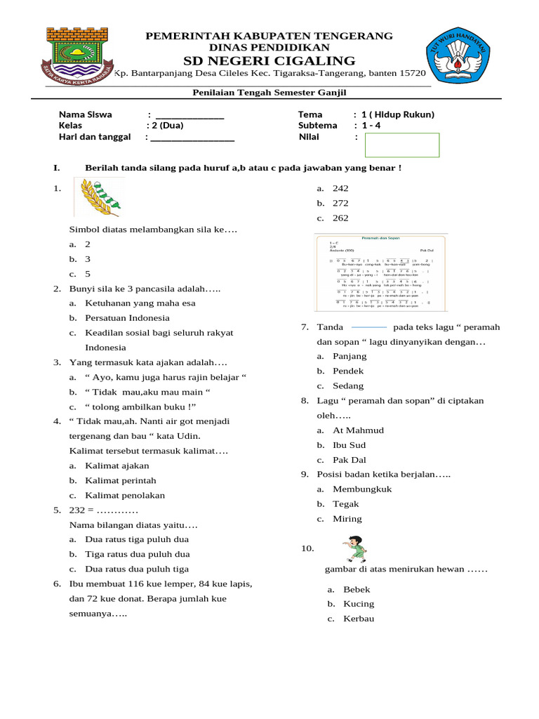 Soal PTS KELAS 2 TEMA 1 | PDF