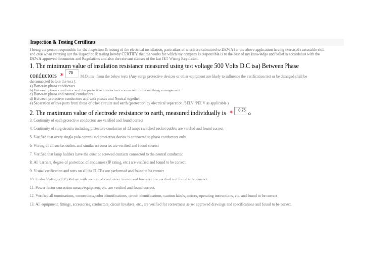 DEWA Electrical Inspection Certificate | PDF | Electrical Wiring ...