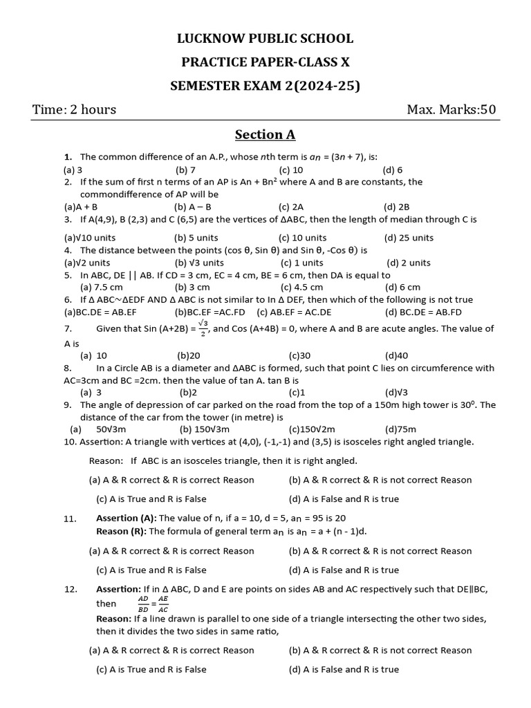 Sample Paper Maths Sem-2 | PDF | Triangle | Elementary Geometry
