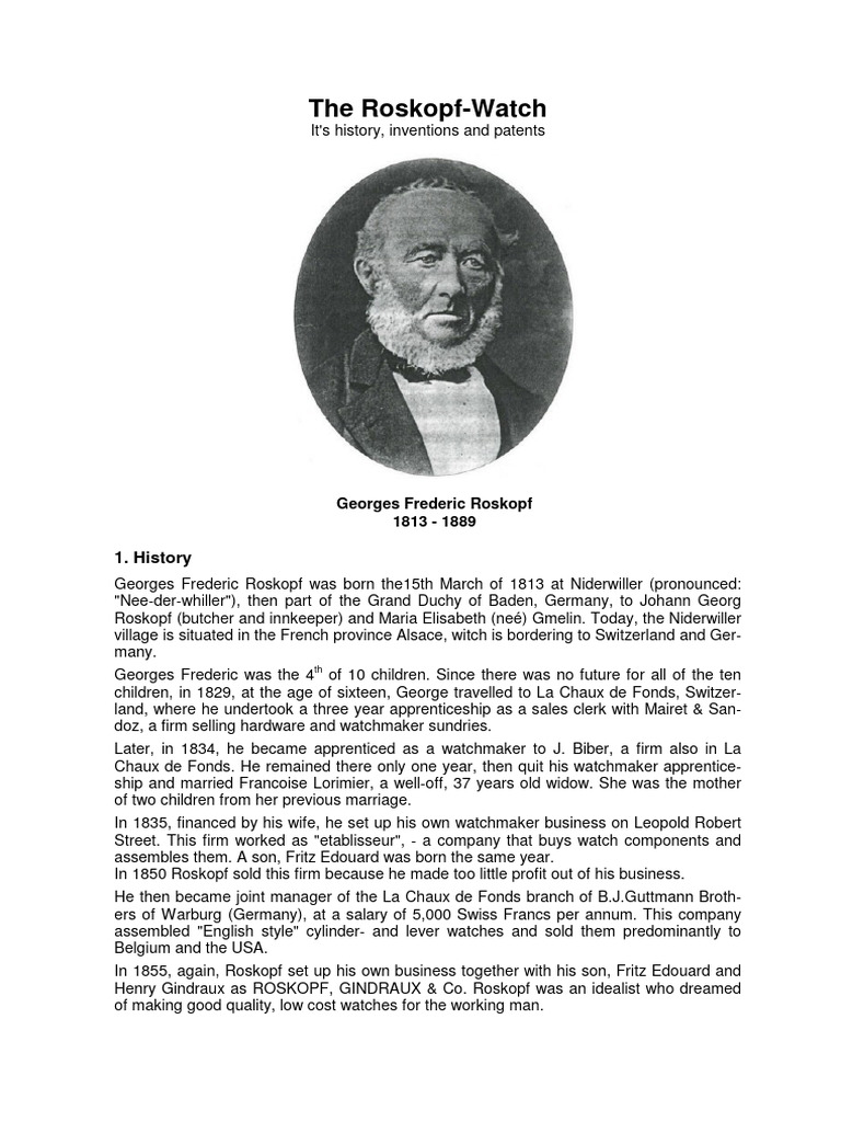 The Roskopf Watch Its History Inventions and Patents | PDF | Watch ...