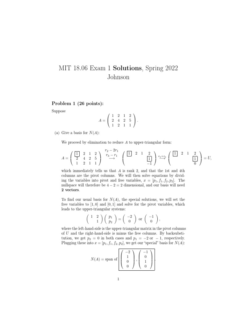 exam1sol | PDF | Matrix (Mathematics) | Mathematical Concepts