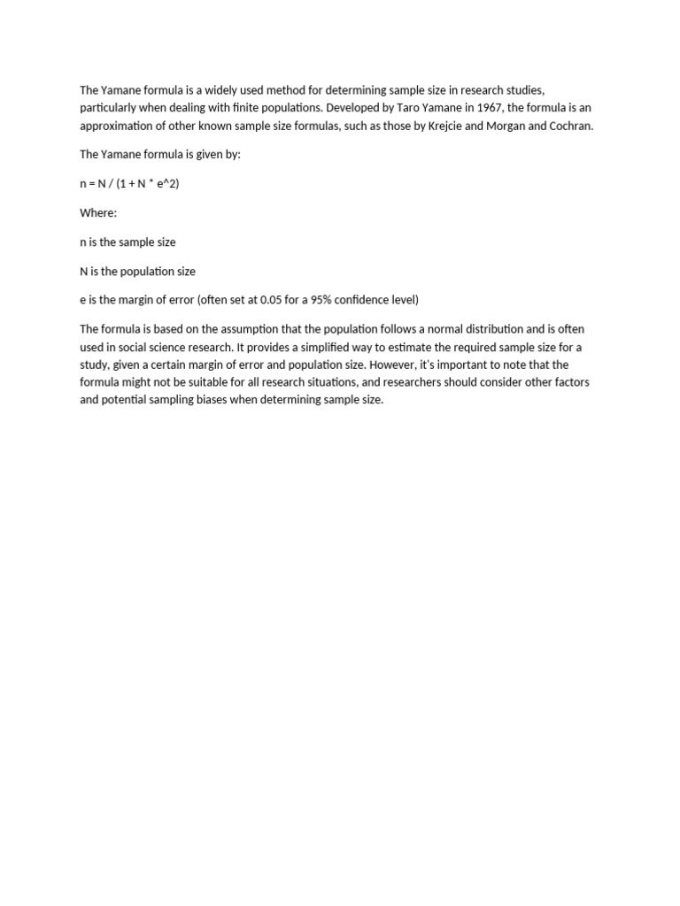 Yamane Formula for Sample Size Determination | PDF