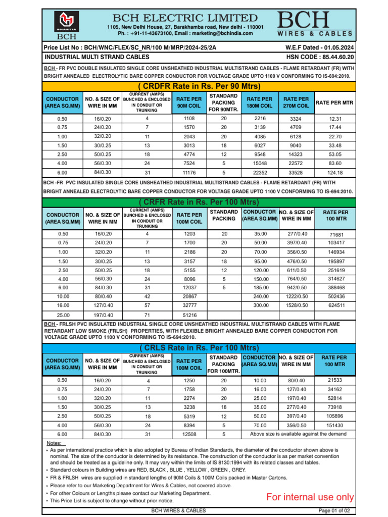BCH Cable Price List 2024-25 | PDF | Electrical Conductor | Wire