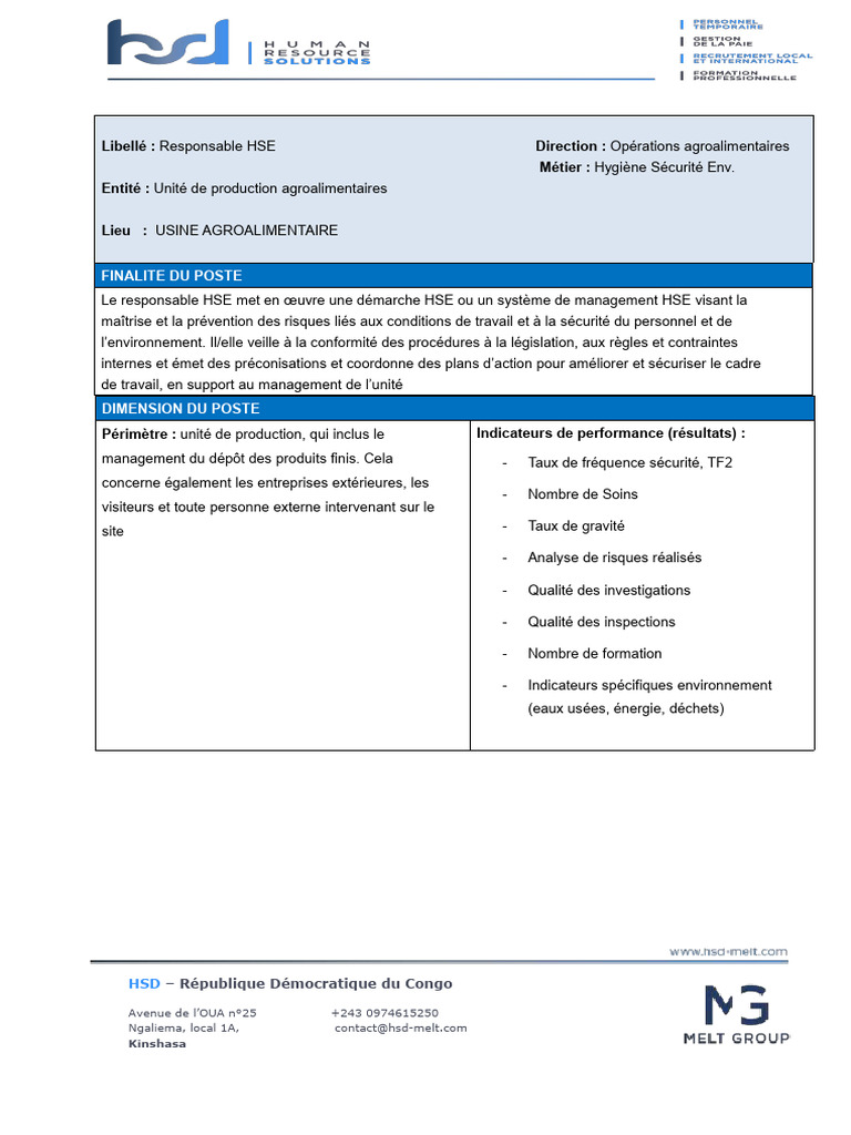 Fiche de Poste Responsable HSE | PDF | Sécurité