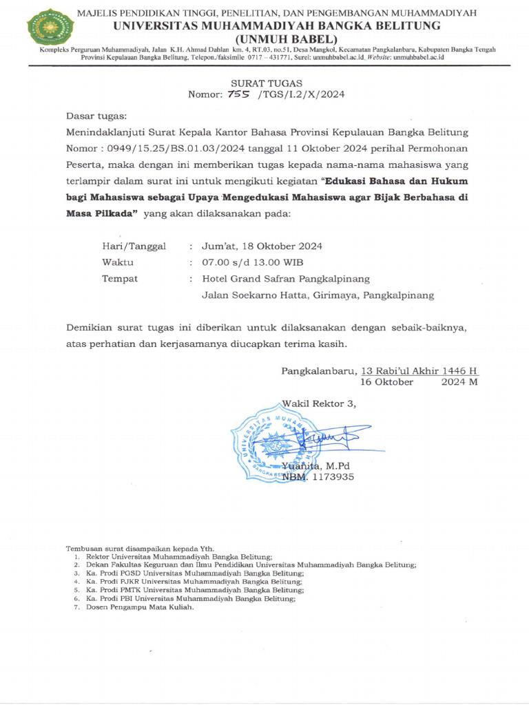 755 - Surat Tugas Mahasiswa Kegiatan Kantor Bahasa Di Hotel Grand ...