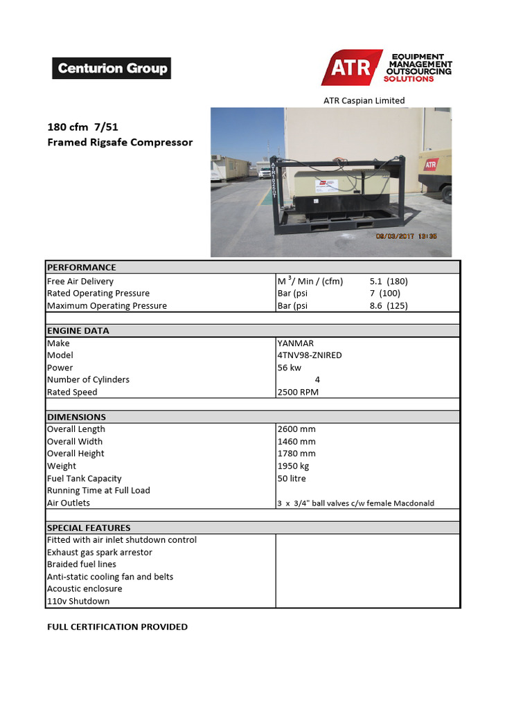 180 CFM Framed Compressor Specifications | PDF