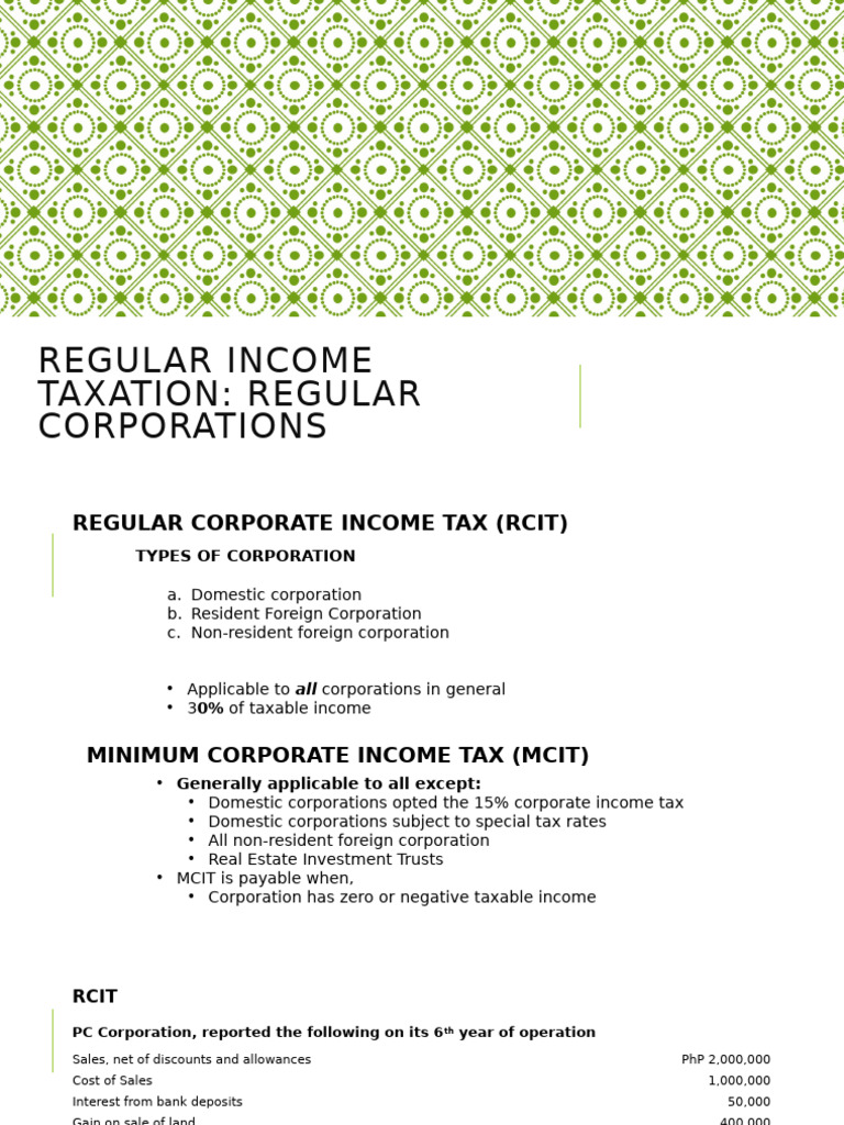 Regular Income Taxation - Regular Corporations | PDF | Gross Income ...